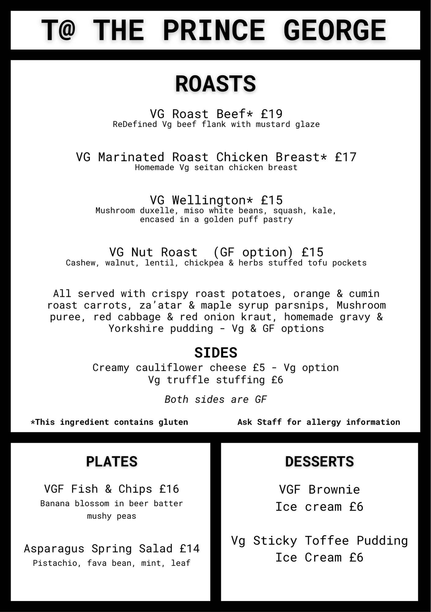 The Prince George Food Menus